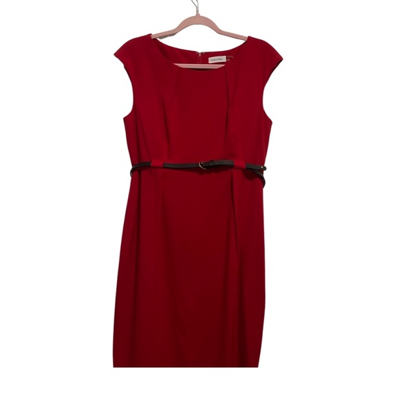 Calvin Klein | Dresses | 48 Calvin Klein Red Dress With Belt | Poshmark